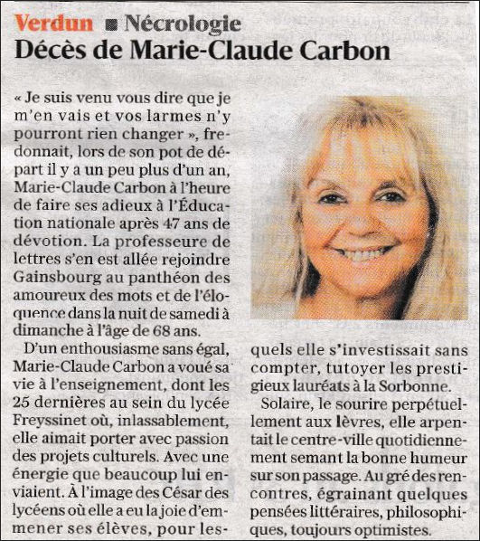 Décès de madame Marie-Claude CARBON Décès de madame Marie-Claude CARBON